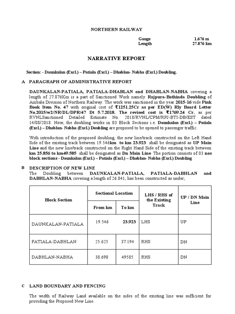 Northern Railway Line Doubling Project Details | PDF | Civil ...