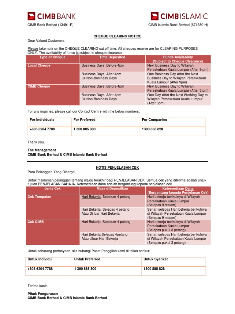 Notice On Cheque Clearing Cut Off Time | PDF