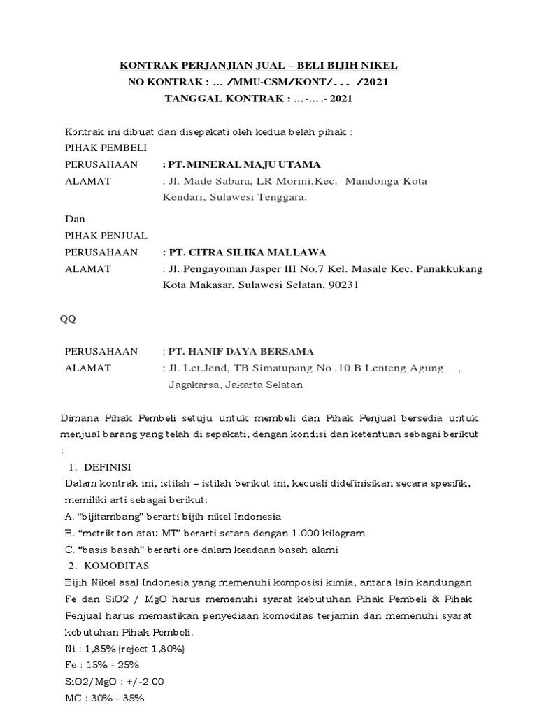 Draft Kontrak HDB - Mmu 30122020 2 | PDF