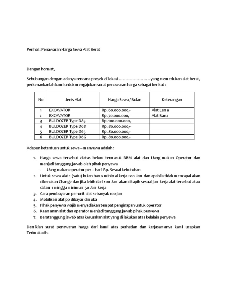 Surat Sewa Alat Berat | PDF