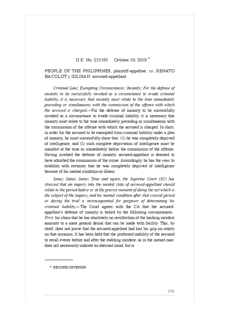BACOLOT | PDF | Insanity Defense | Burden Of Proof (Law)