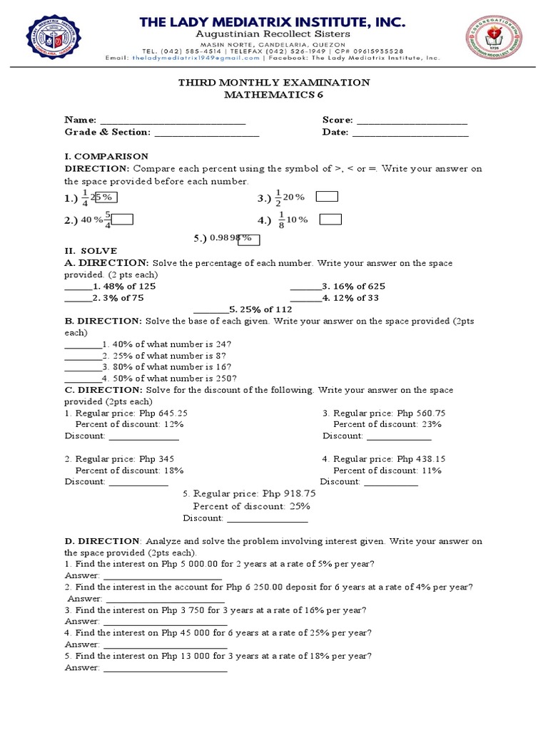 Third Monthly EXAM MATH 6 | PDF