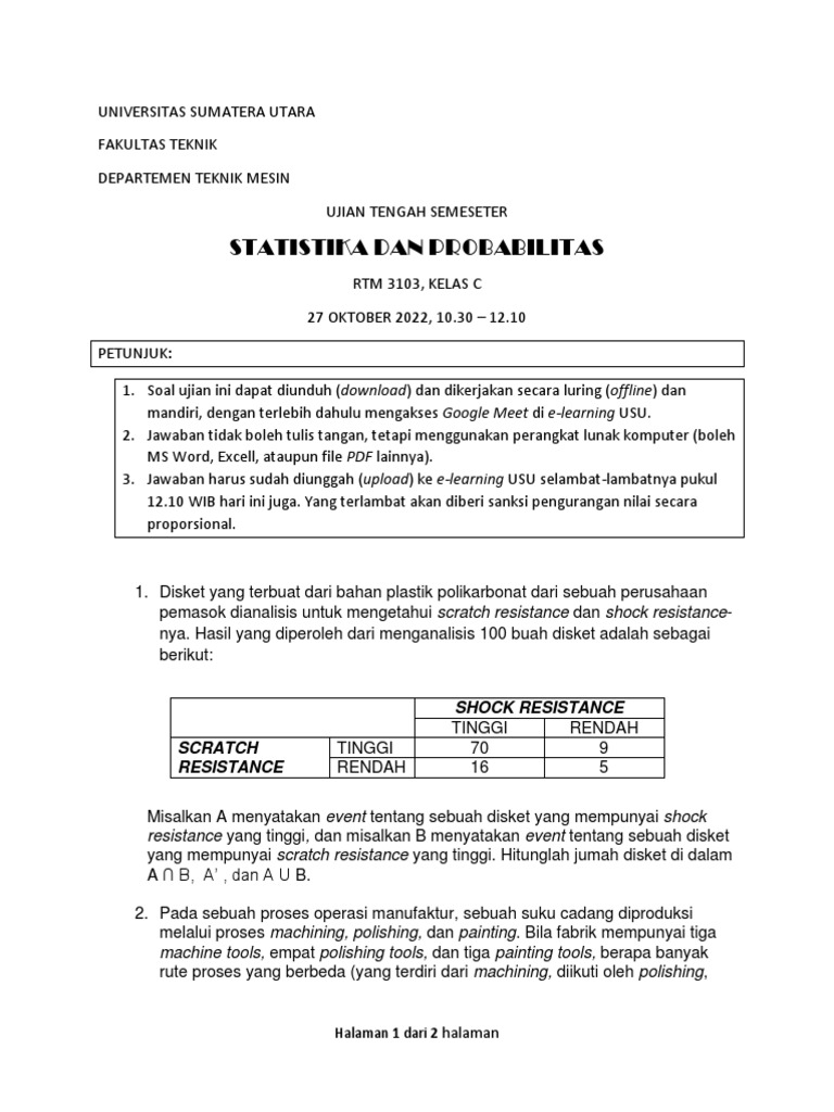 Soal Uts Statistika Probabilitas, 27 Oktober 2022 | PDF | Teknologi ... Soal Uts Statistika Probabilitas, 27 Oktober 2022 | PDF | Teknologi ...
