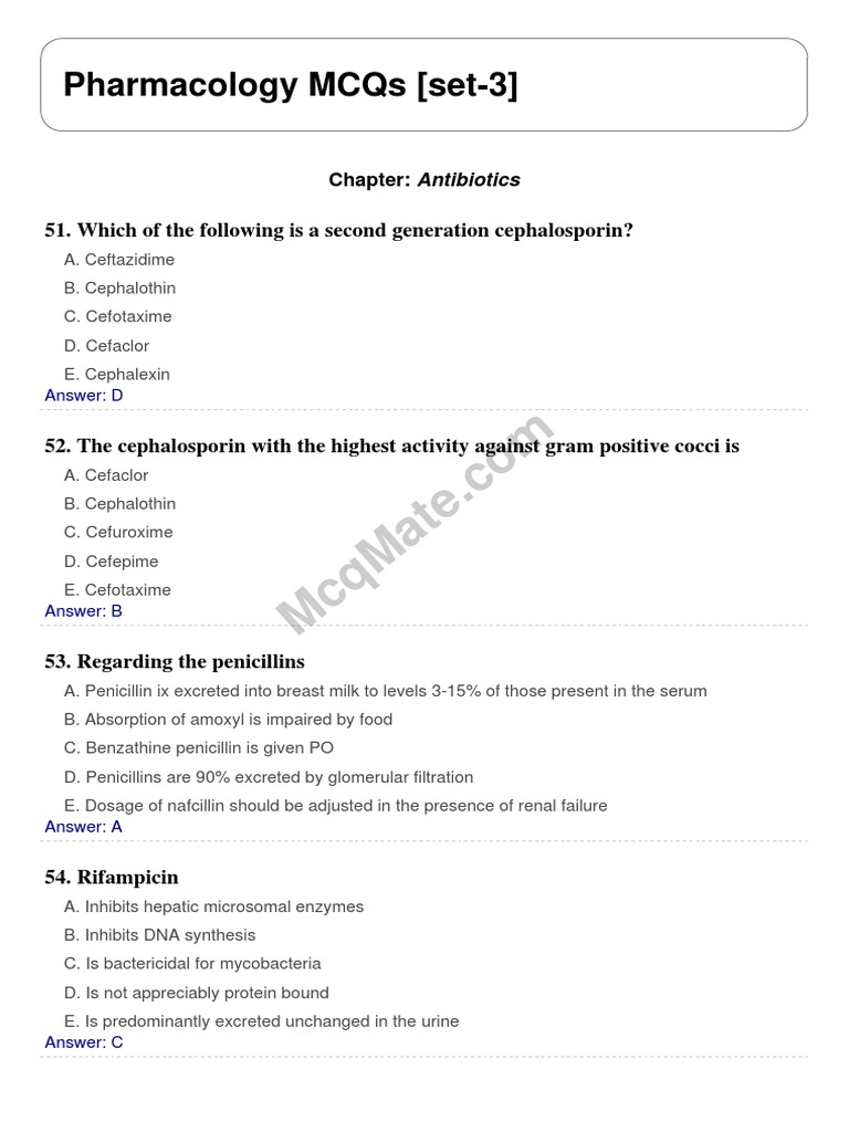 Pharmacology MCQs: Antibiotics & CNS Drugs | PDF | Medical Specialties | Medical Treatments