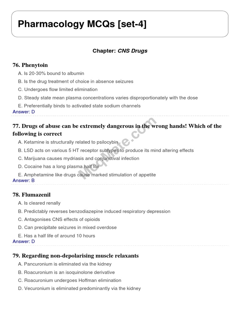 Pharmacology Solved MCQs (Set-4) | PDF | Opioid | Drugs Acting On The ...
