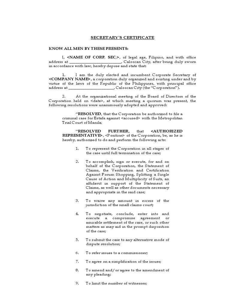 Annex A - Secretary's Certificate - Scribd | PDF | Affidavit | Legal ...