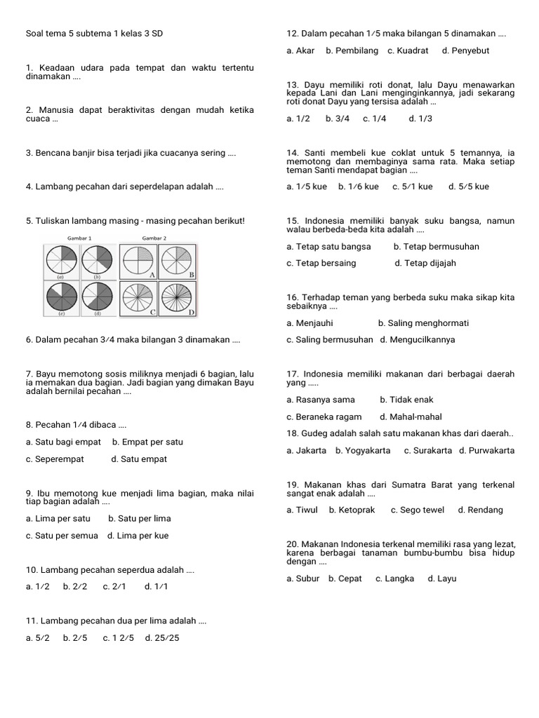 Soal Tema 5 Sub 1 Sub 2 Kelas 3 Masha | PDF