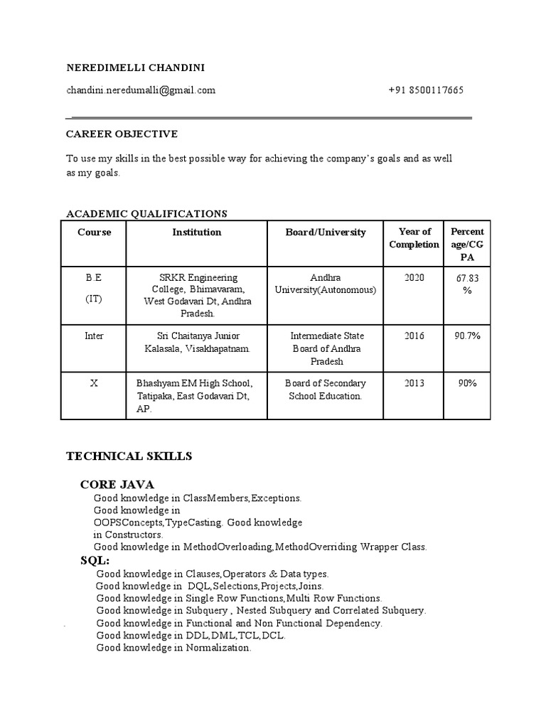 Resume of N. Chandini Seeking a Position in Information Technology with Skills in Java, SQL ...