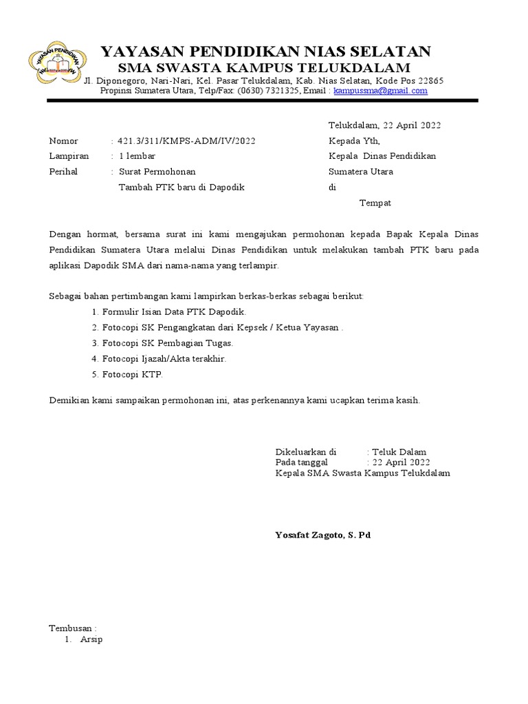 Surat Permohonan Penambahan GTK | PDF