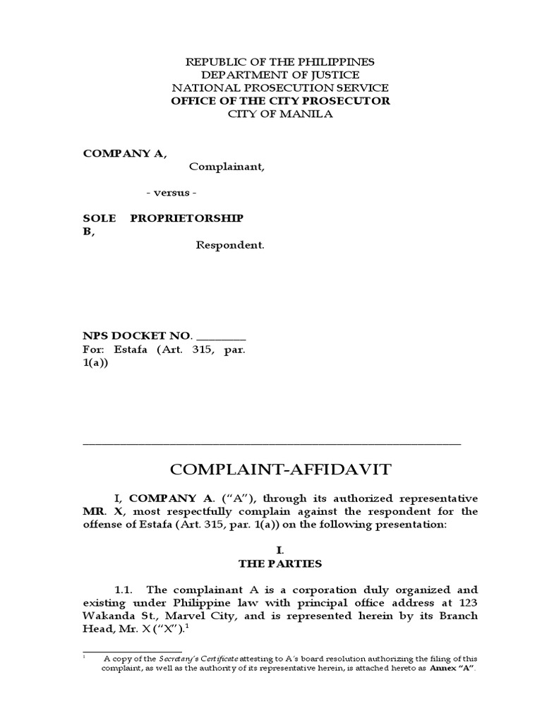 Estafa - Complaint-Affidavit - Sample | PDF | Crimes | Crime & Violence