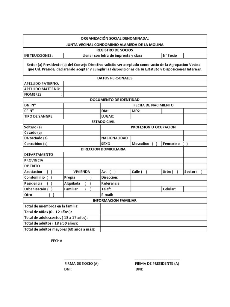 Formato de Hoja Padron Junta Vecinal | PDF