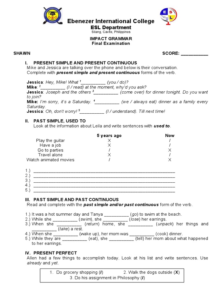 ESL Grammar Final Exam Guide | PDF
