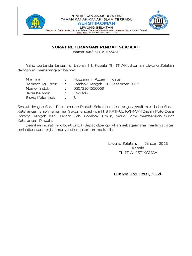 A 3 15 Surat Keterangan Pindah Sekolah KB TK | PDF A 3 15 Surat Keterangan Pindah Sekolah KB TK | PDF