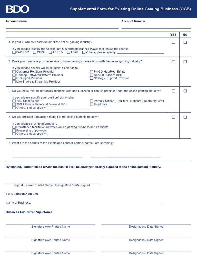 Supplemental Form For Existing Online Gaming Business (OGB) : Account ...