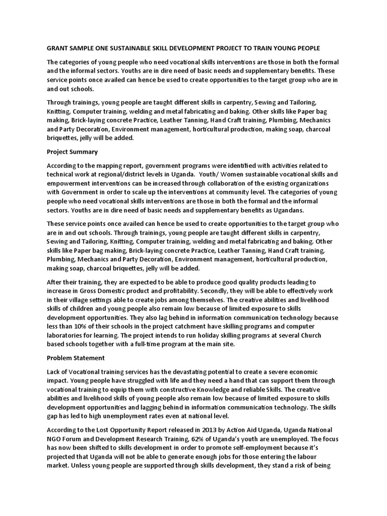 Grant Sample One Sustainable Skill Development Project To Train Young ...