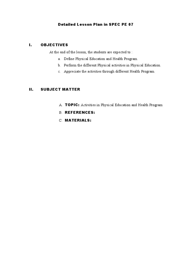 Detailed Lesson Plan in SPEC PE 01 | PDF