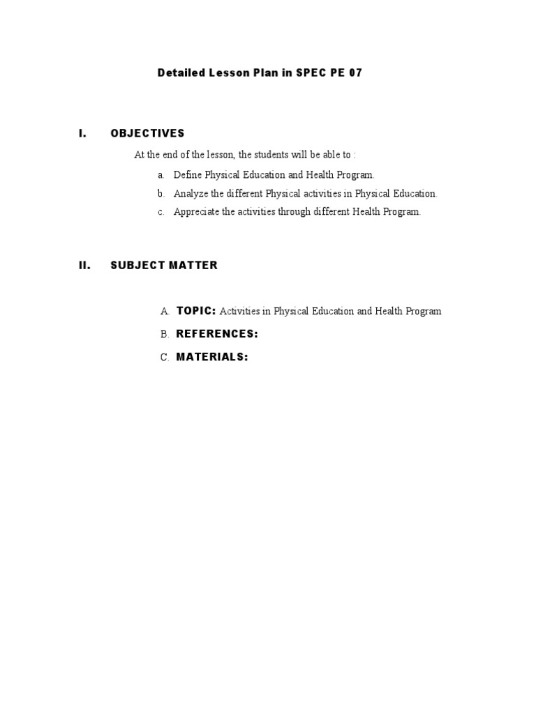 Detailed Lesson Plan in SPEC PE 07 | PDF | Physical Education | Lesson Plan