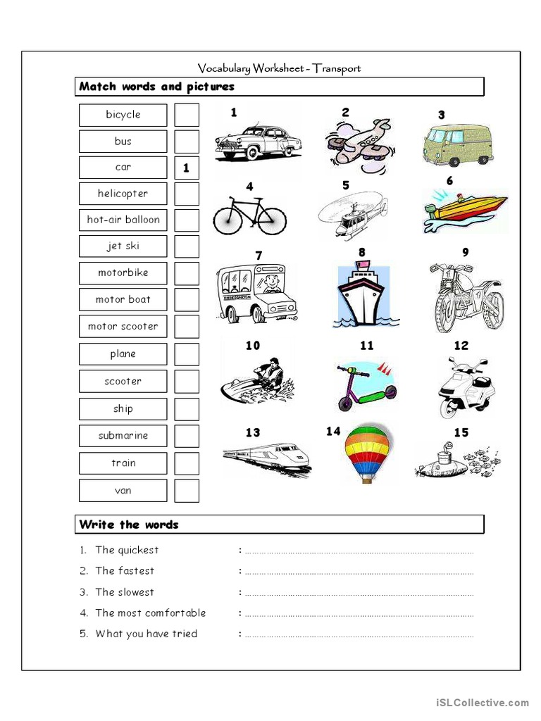 Vocabulary Matching Worksheet - Transport | PDF