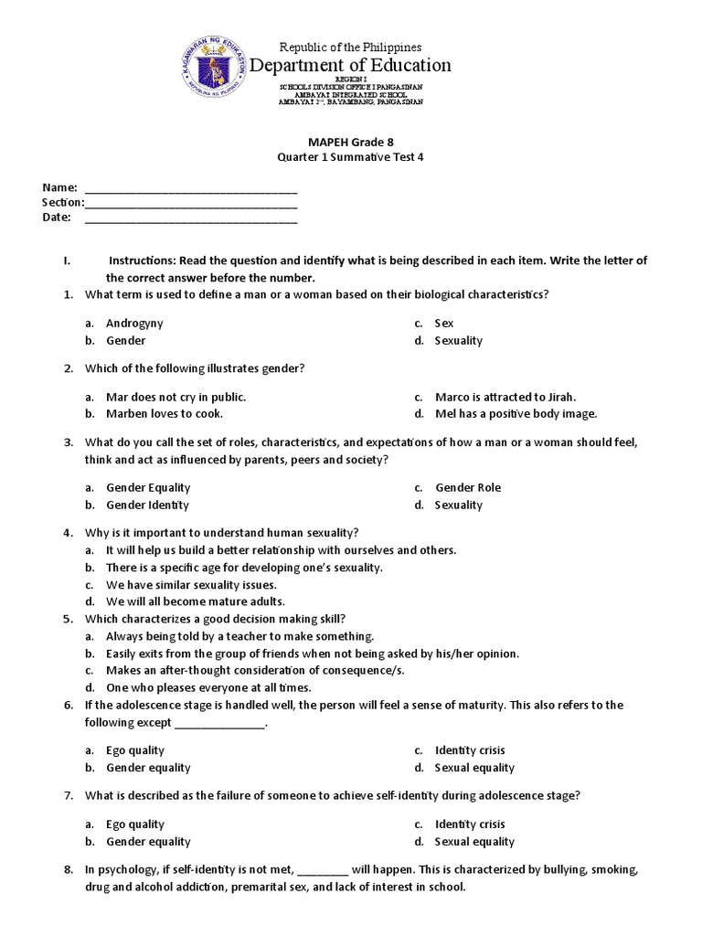 MAPEH 8: Gender and Sexuality Test | PDF | Gender | Gender Studies