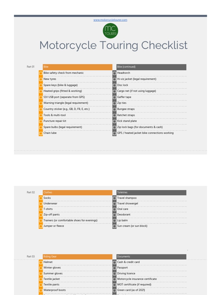 Motorcycle Touring Checklist | PDF | Motorcycle | Manufactured Goods