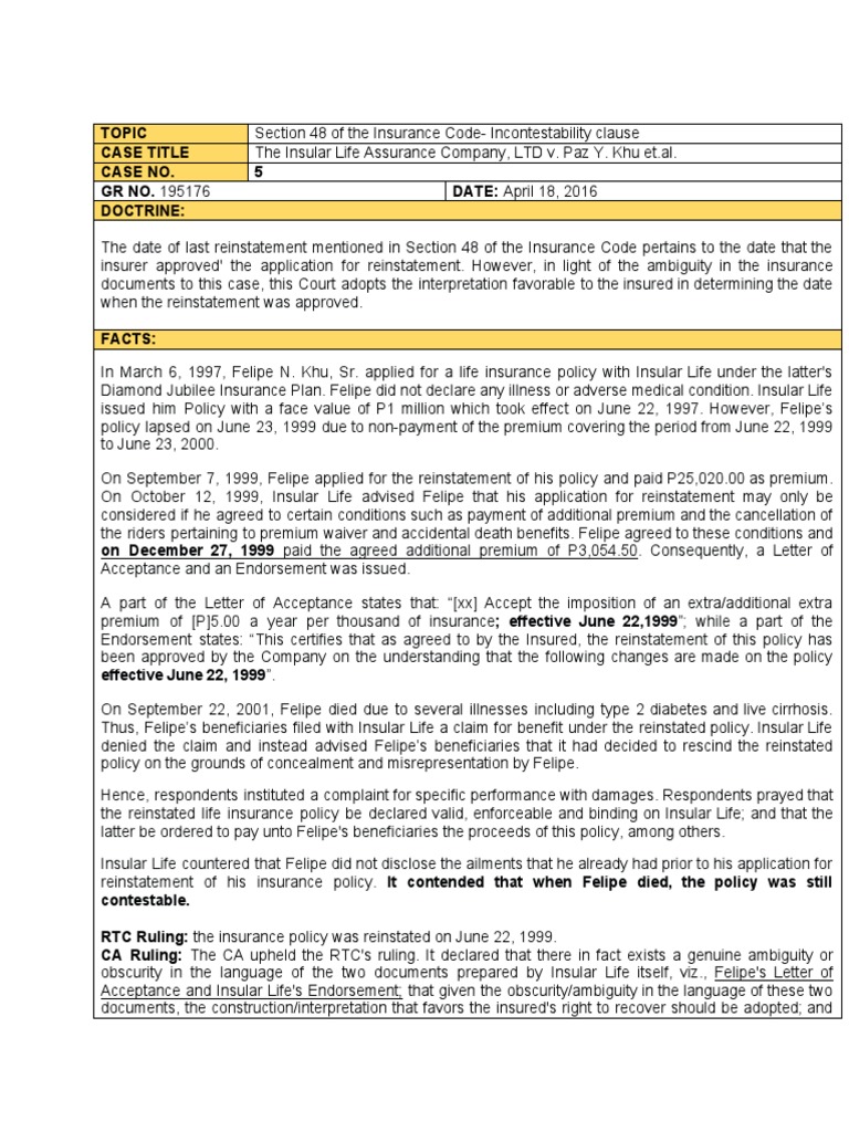 5 Insular Life Vs Paz | PDF | Insurance | Life Insurance
