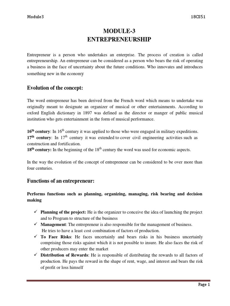 Module-3 Entrepreneurship: Evolution of The Concept | PDF ...
