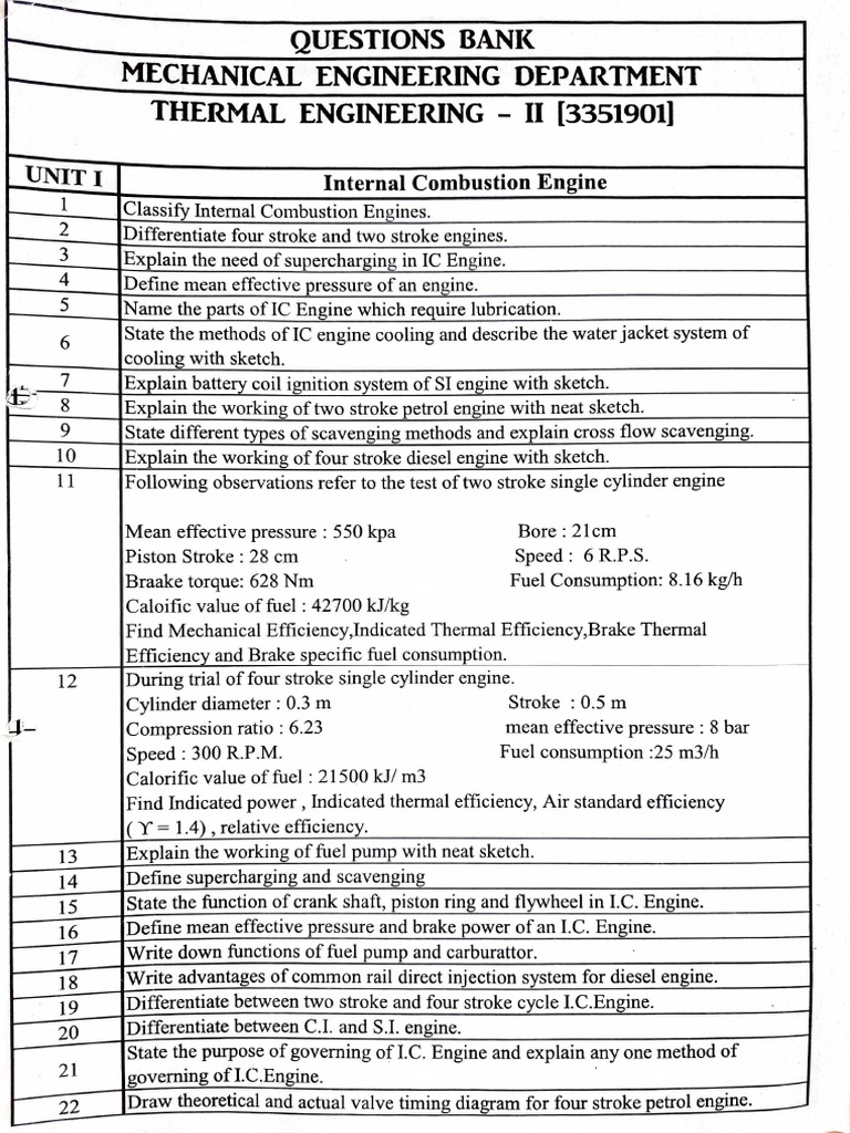 TE II Questions Bank | PDF | Internal Combustion Engine | Diesel Engine