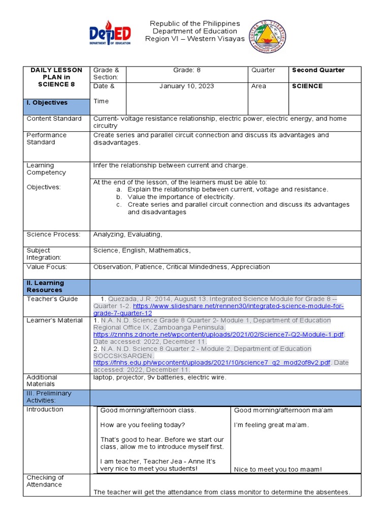Daily Lesson Plan in Science 7 444 | PDF | Electrical Resistance And ...