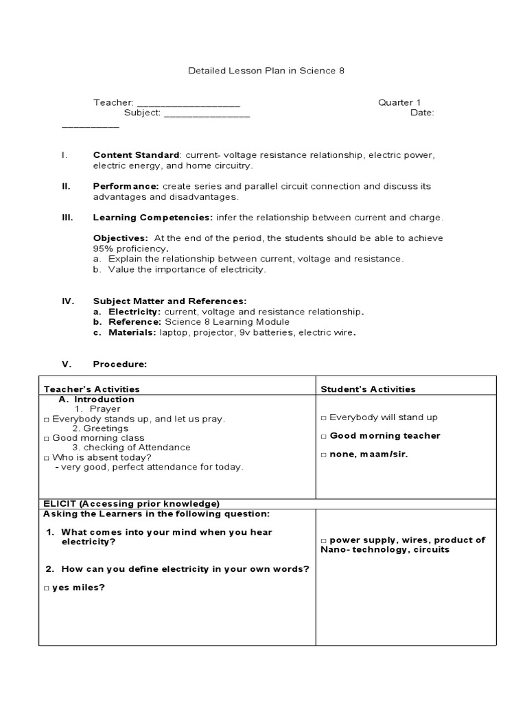 8th Grade Electricity Lesson Plan | PDF | Electrical Resistance And ...