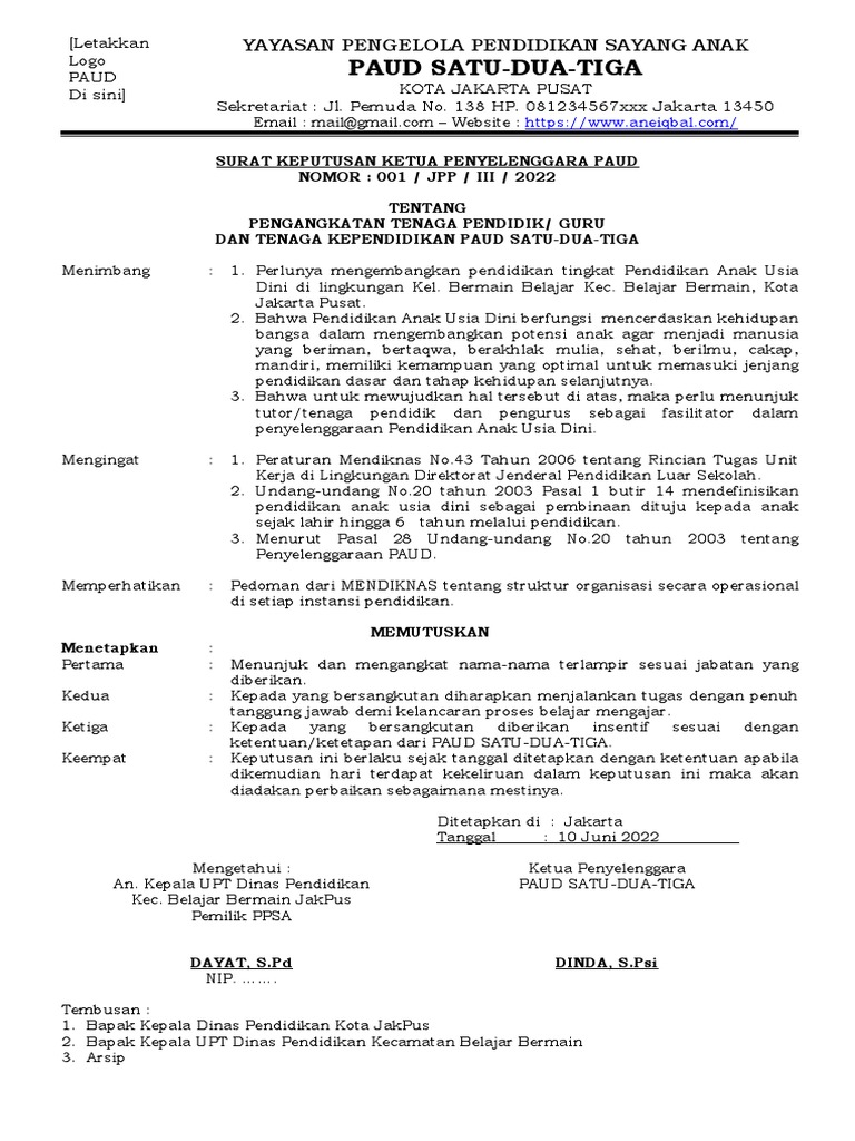 SK Pengangkatan Guru Paud Oleh Kepala Paud | PDF