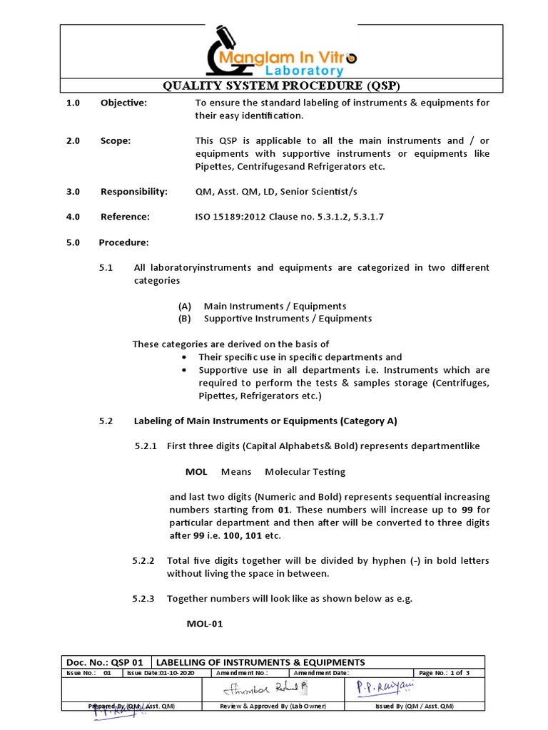 Quality System Procedure (QSP) : 1.0 Objective: 2.0 Scope | PDF