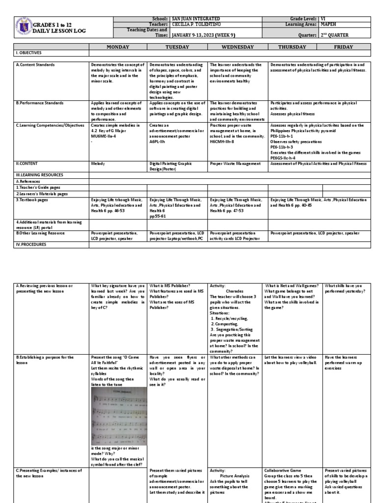DLL - Mapeh 6 - Q2 - W8 | PDF | Learning | Teachers