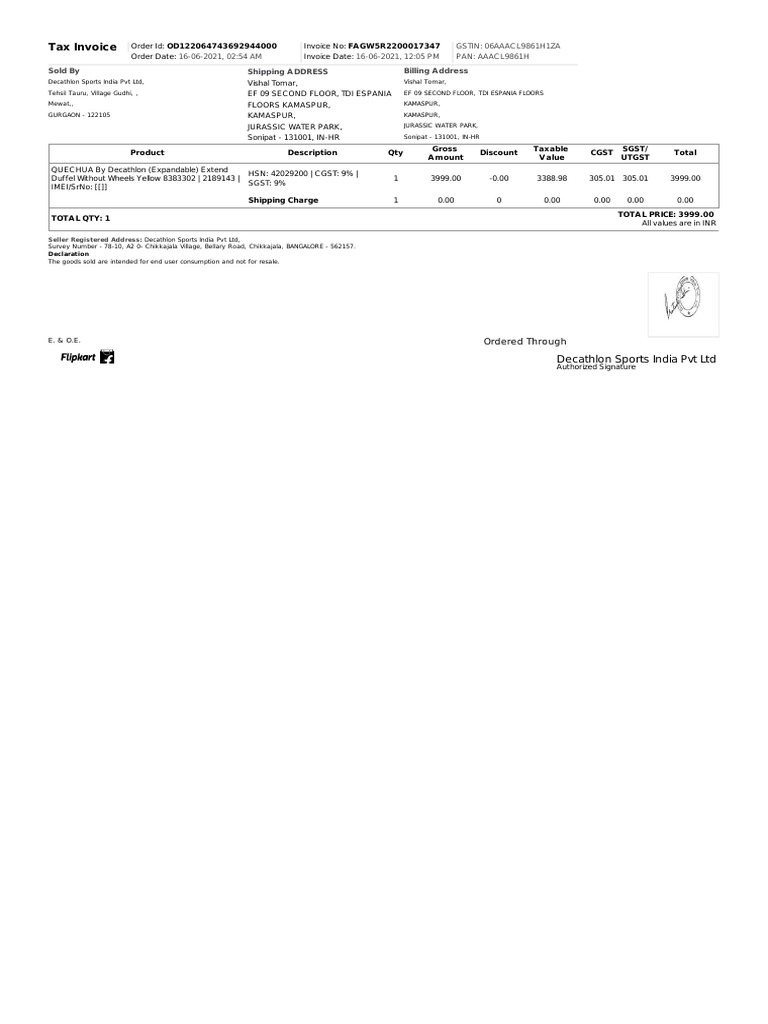 Tax Invoice for Decathlon Order OD122064 | PDF | Payments | Governance