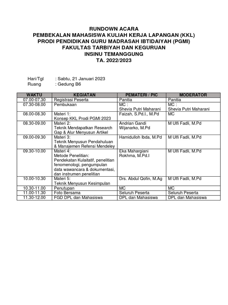 Rundown Acara Pembekalan KKL Mahasiswa | PDF