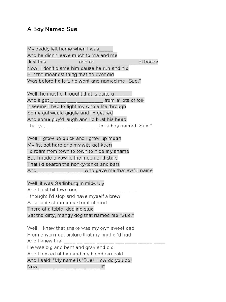 A Boy Named Sue Lyrics With Gaps For EFL Listening | PDF