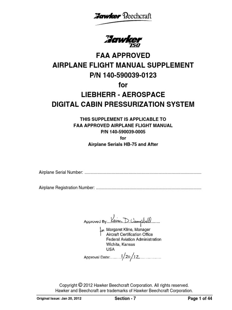 Faa Approved Airplane Flight Manual Supplement P/N 140-590039-0123 For ...