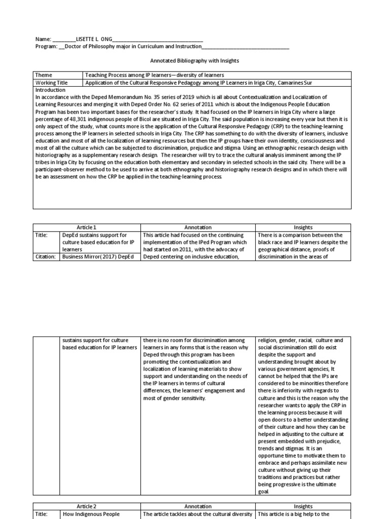 Annotated Bibliography - Ong | PDF | Learning | Indigenous Peoples