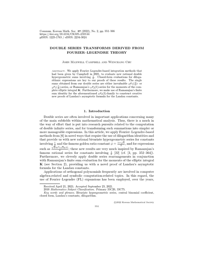 Double Series Transforms Derived From Fourier-Legendre Theory | PDF | Summation | Pi