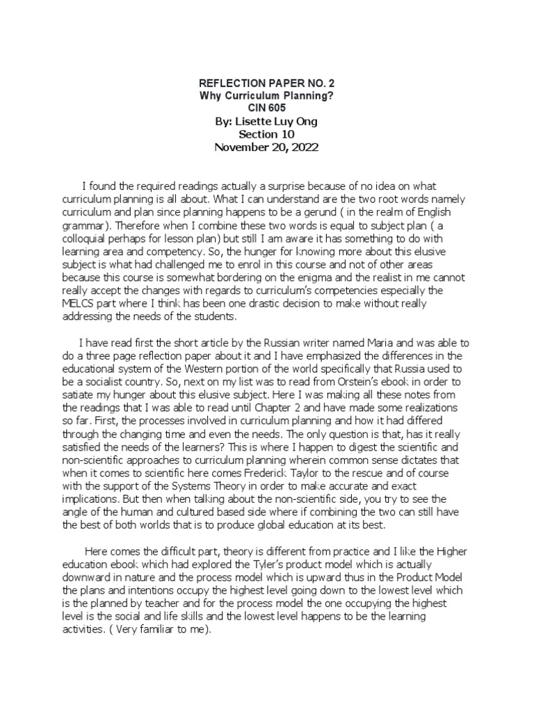 Reflection Paper N0.2 | PDF | Curriculum | Teachers