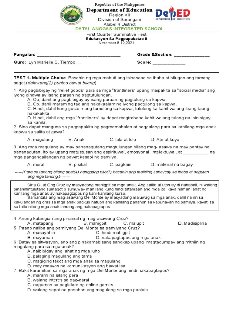 Grade 8-ESP 1st Quarter | PDF