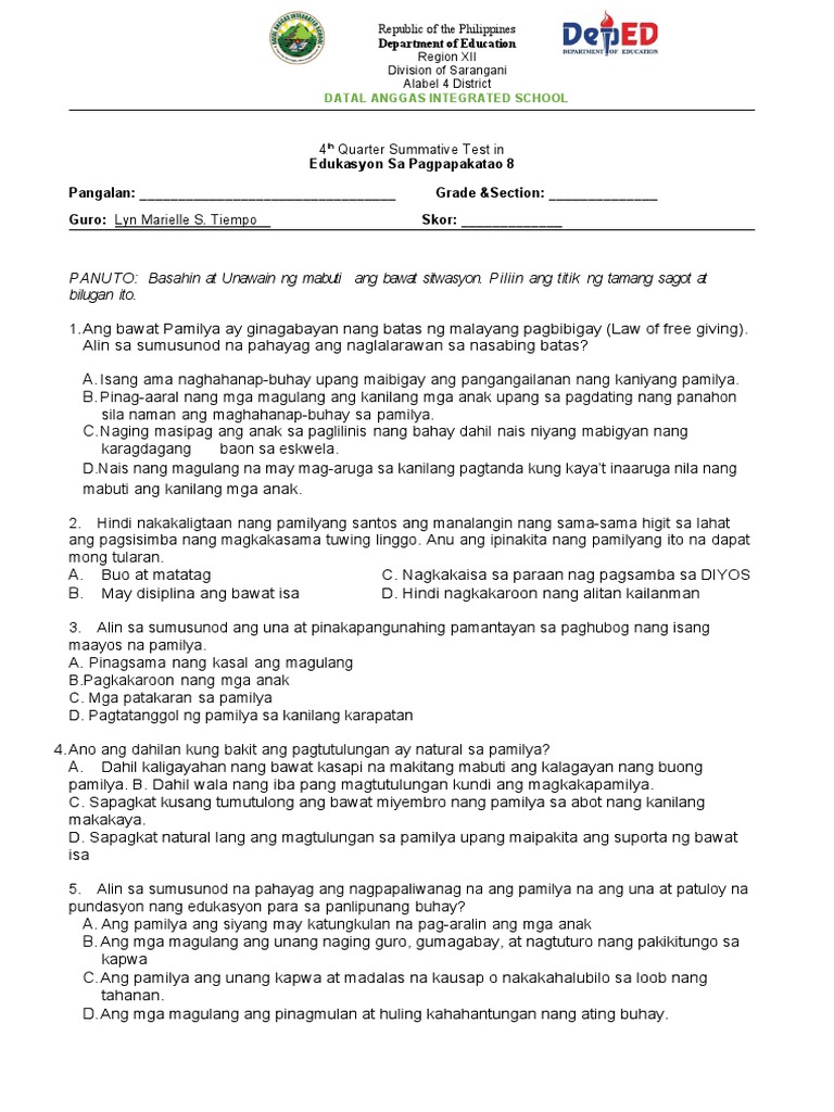 Grade 8-ESP 4th Quarter | PDF | Social Science