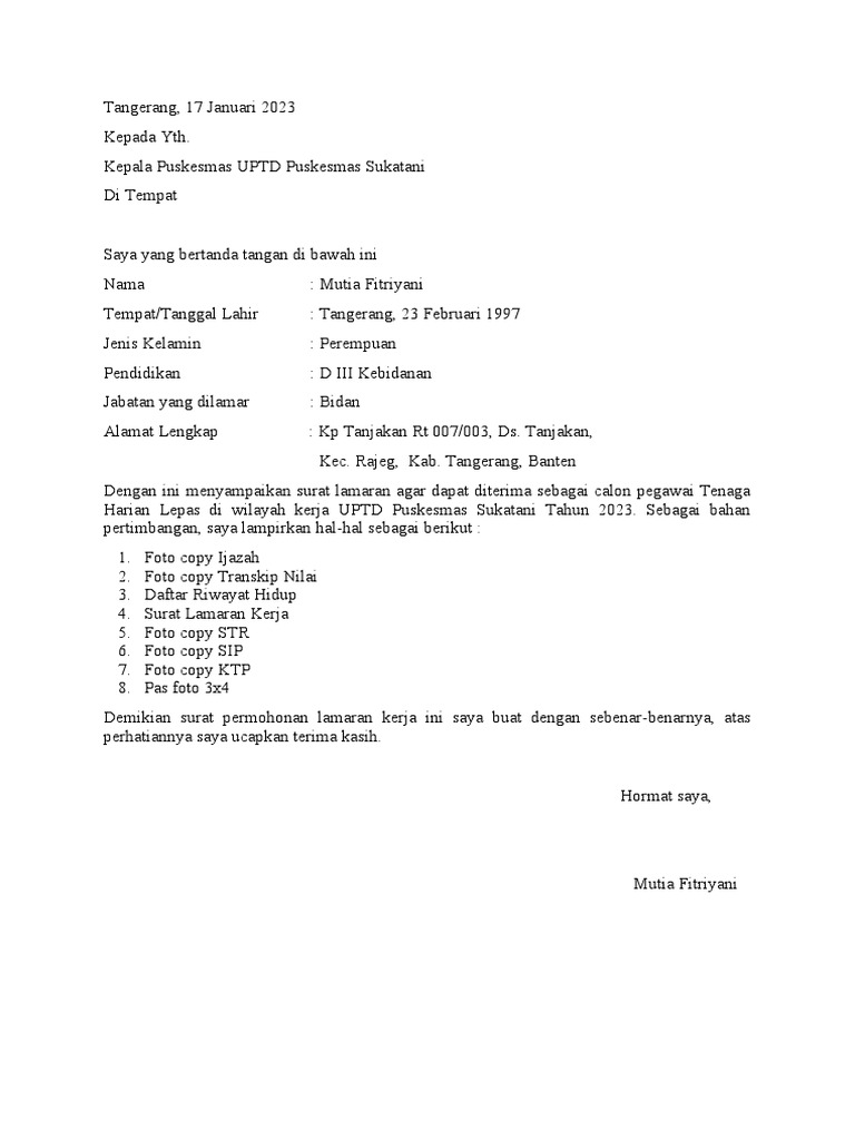 Surat Lamaran Mutia | PDF