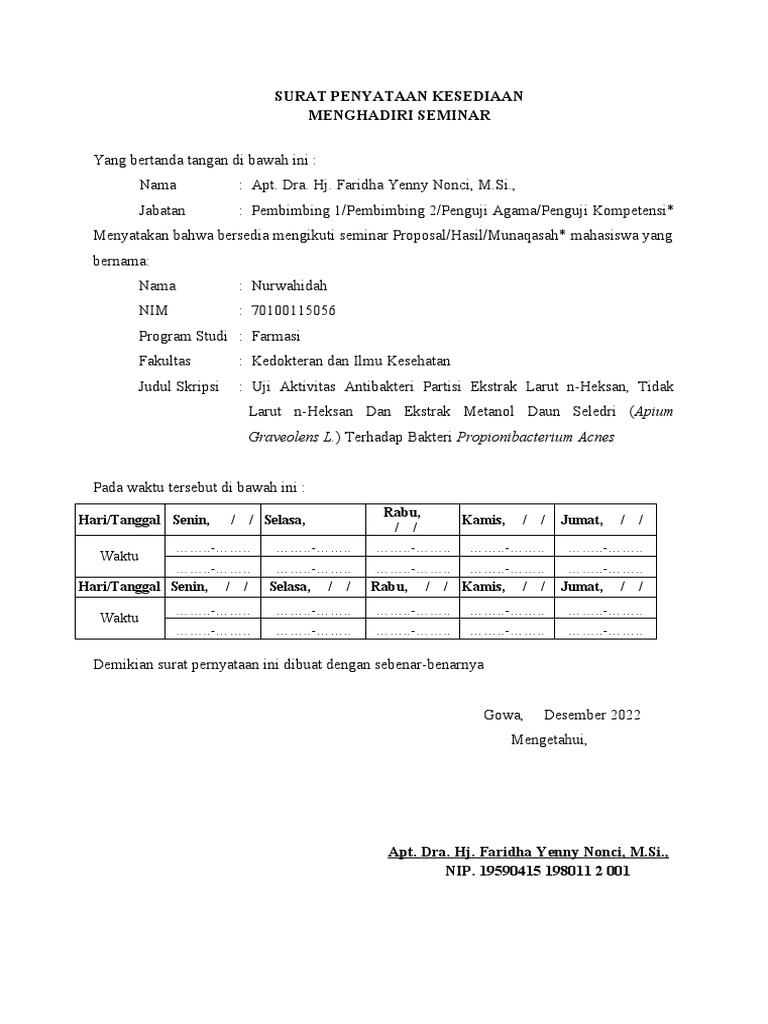 Offline-SURAT PERNYATAAN JADWAL HADIR SEMINAR | PDF