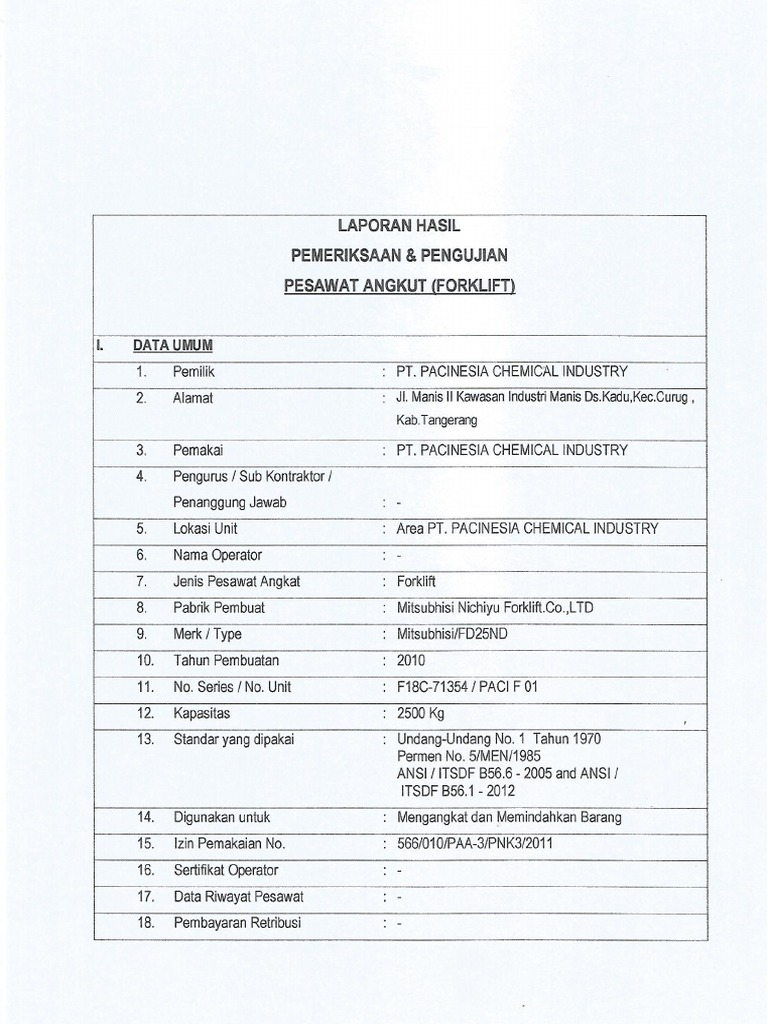 Hse-Laporan Pemeriksaan Forklift (Akura) | PDF