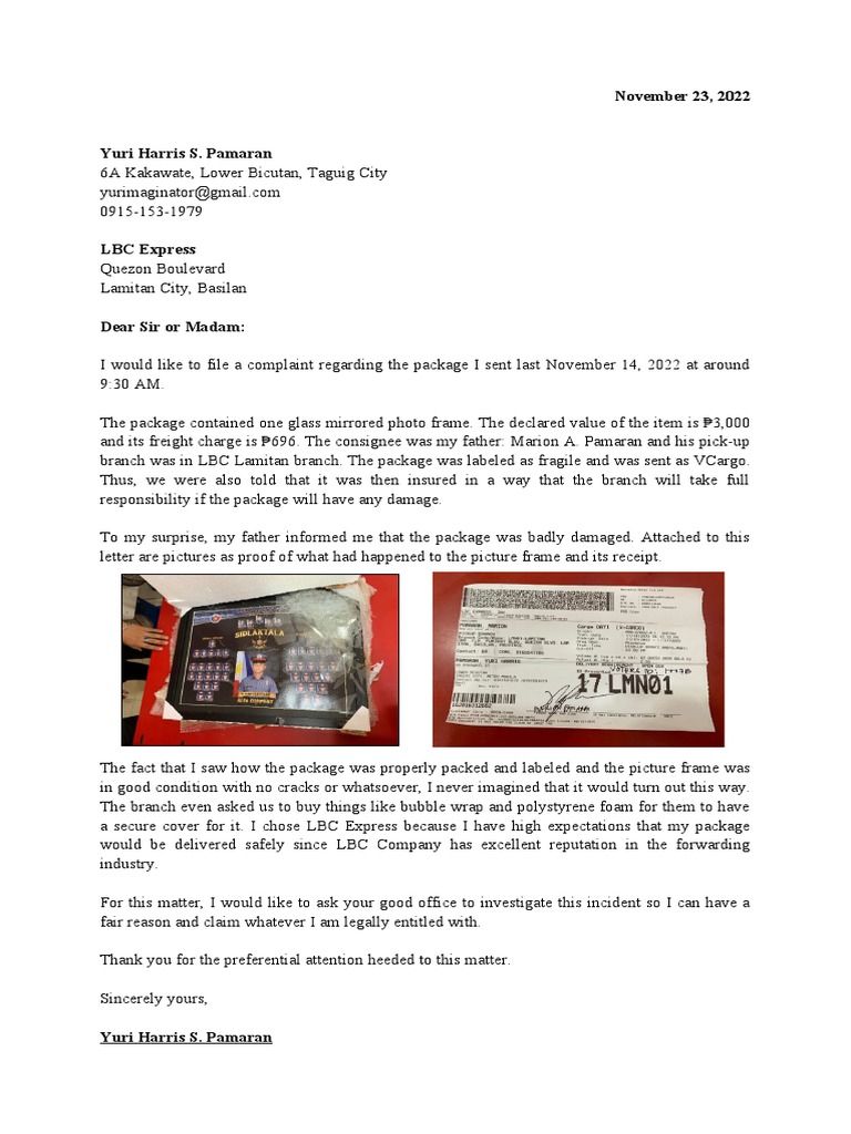 LBC Package Damage Complaint Letter | PDF