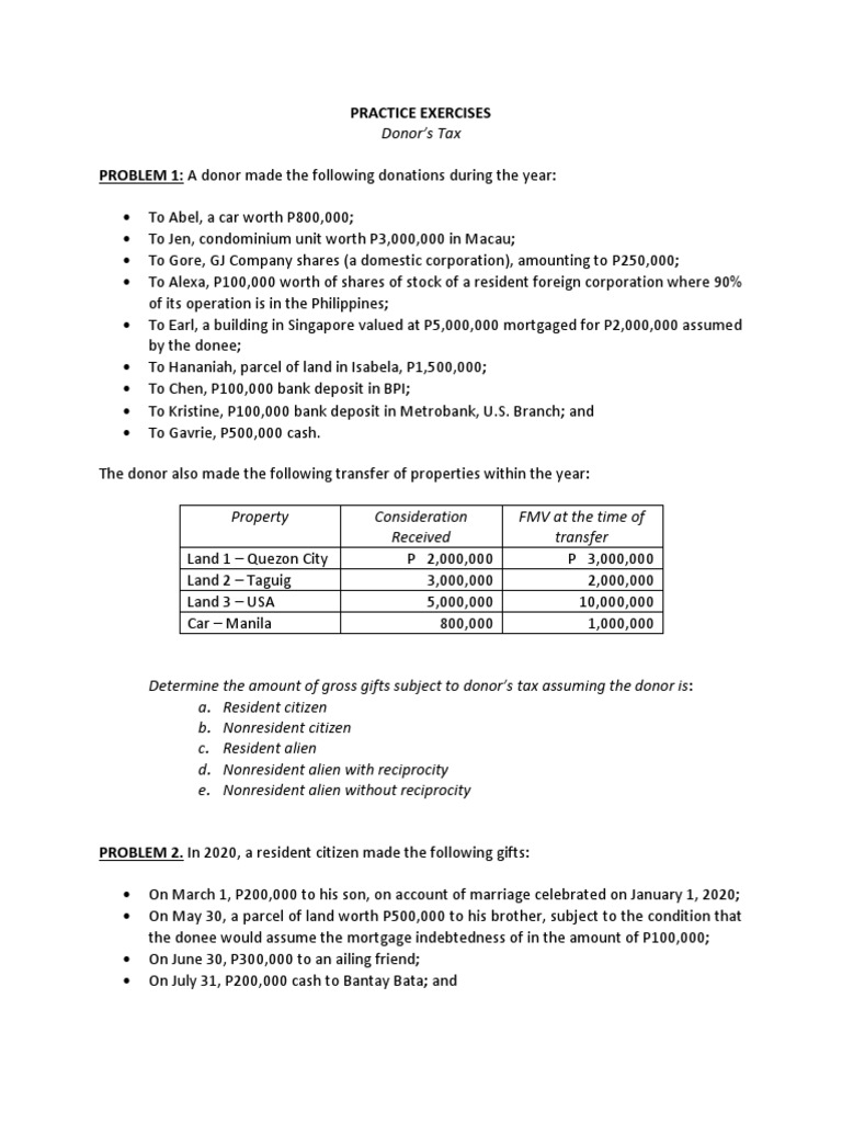 Donor S Tax Practice Exercises | PDF | Economies | Taxes