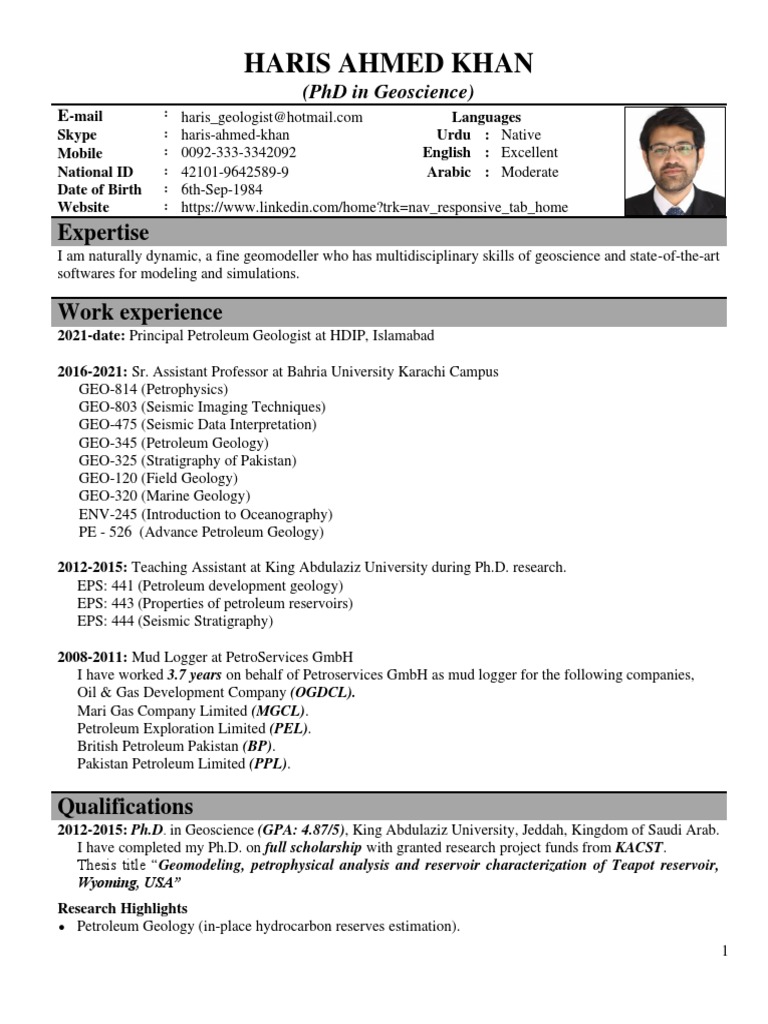 Dr. Haris CV | PDF | Petroleum Geology | Petroleum