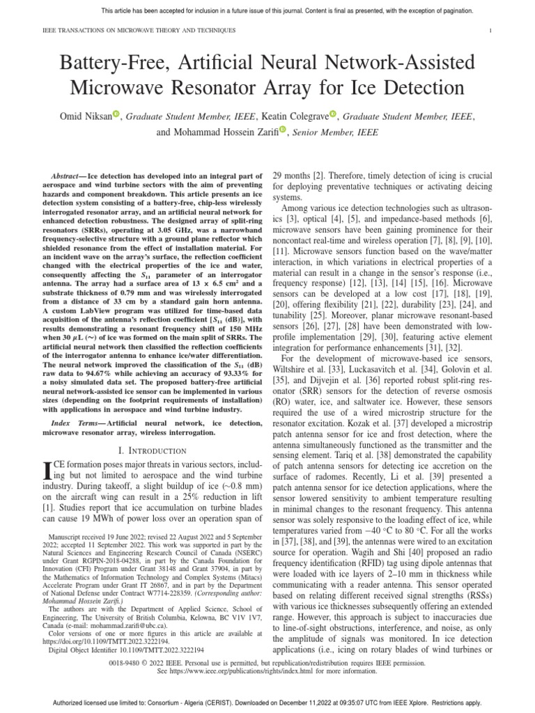Battery Free Artificial Neural Network Assisted Microwave Resonator Array For Ice Detection
