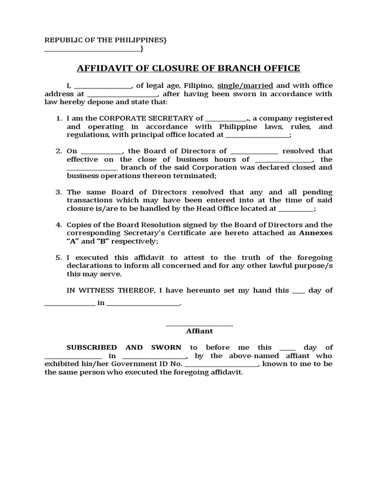 Affidavit of Closure of Branch Office | PDF