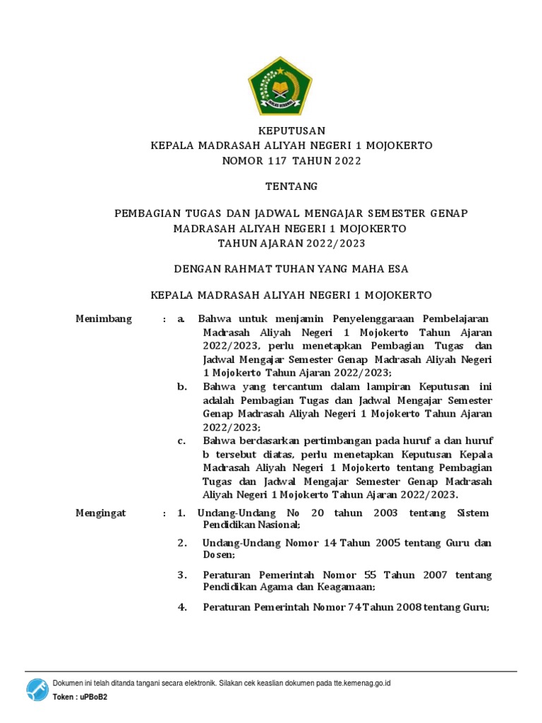 Tte. Sk. Pembagian Jam Mengajar Semester Genap Man 1 Mojokerto Tp. 2022-2023-Rev | PDF